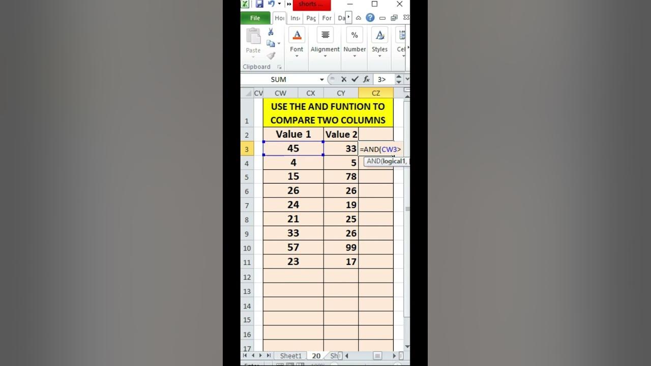 Use The And Function Compare Two Columns In Excel Nkexcelclasses Excel Short Youtube