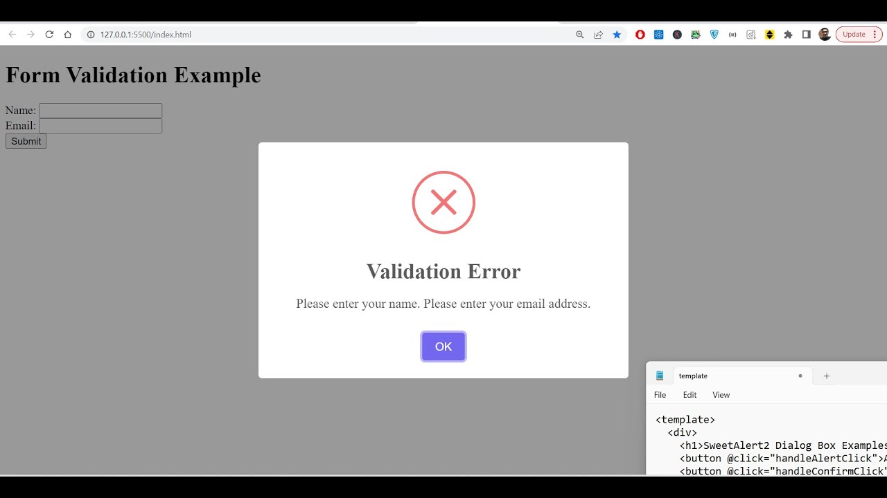 Javascript Sweetalert2 Example To Validate Html5 Form Input Fields With Custom Icons And Messages 