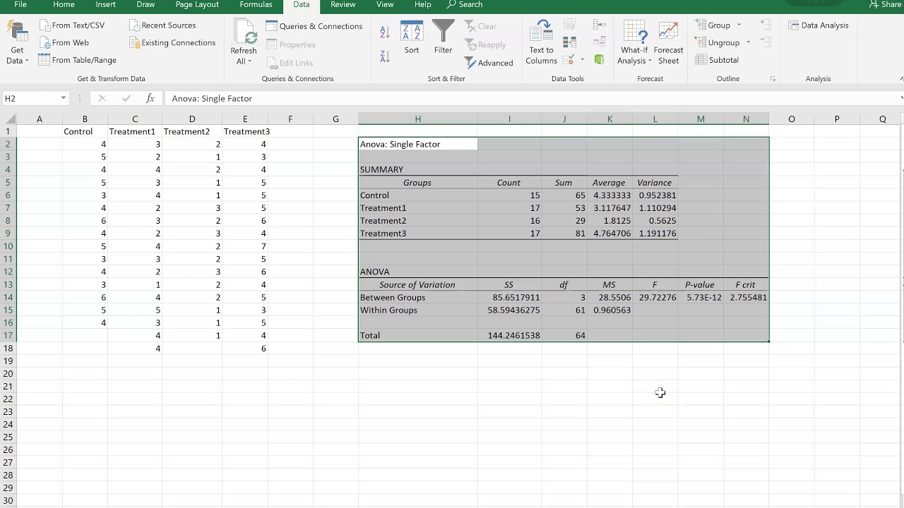 Stats: Excel Demo of One-way ANOVA - YouTube