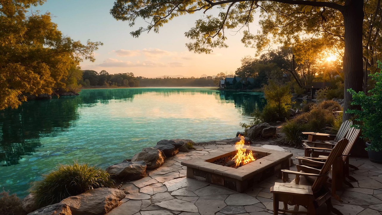 Quiet Lakeside Ambience with Crackling Fire Pit and Calm Water Sounds ...