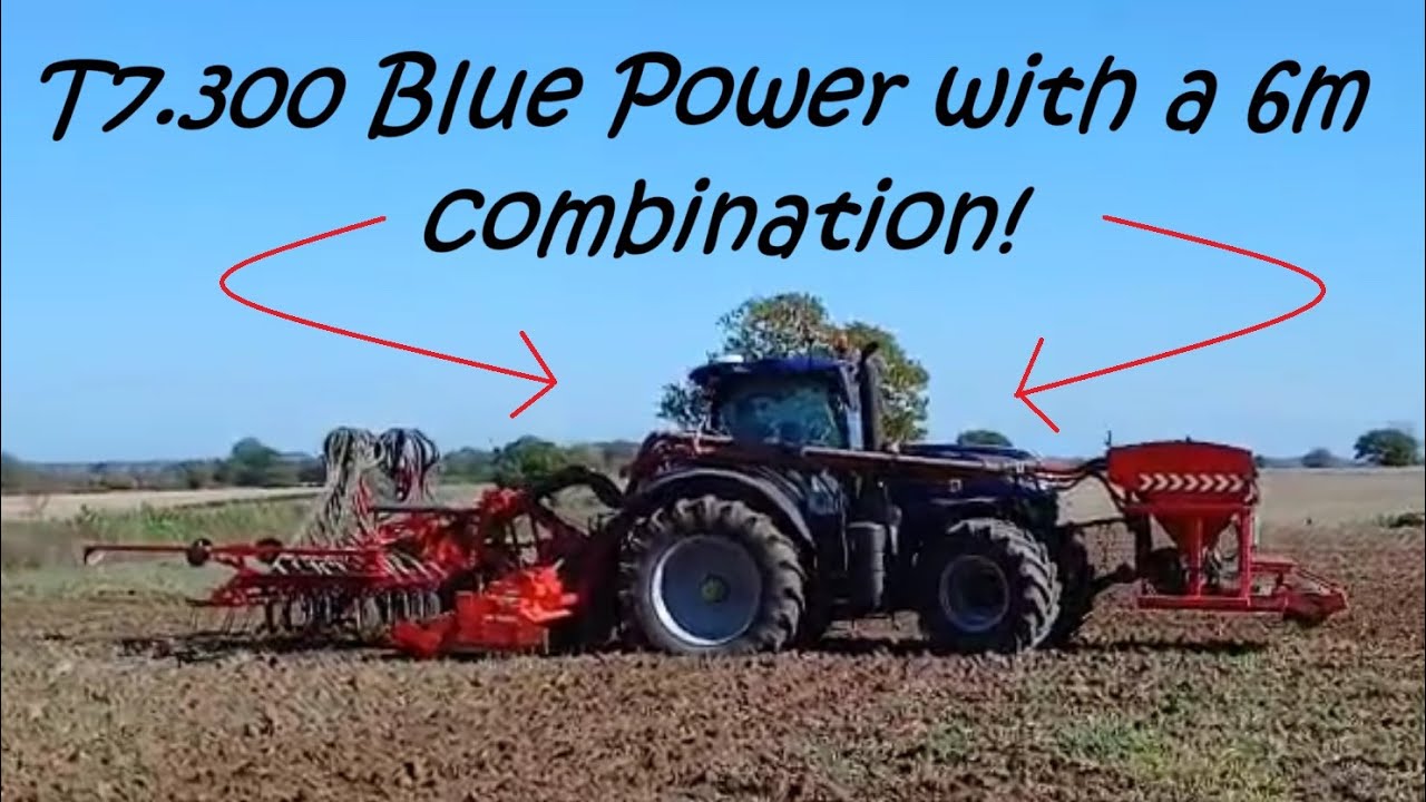 T7.300 Blue Power with a 6m weaving drill and Kuhn power harrow. - YouTube