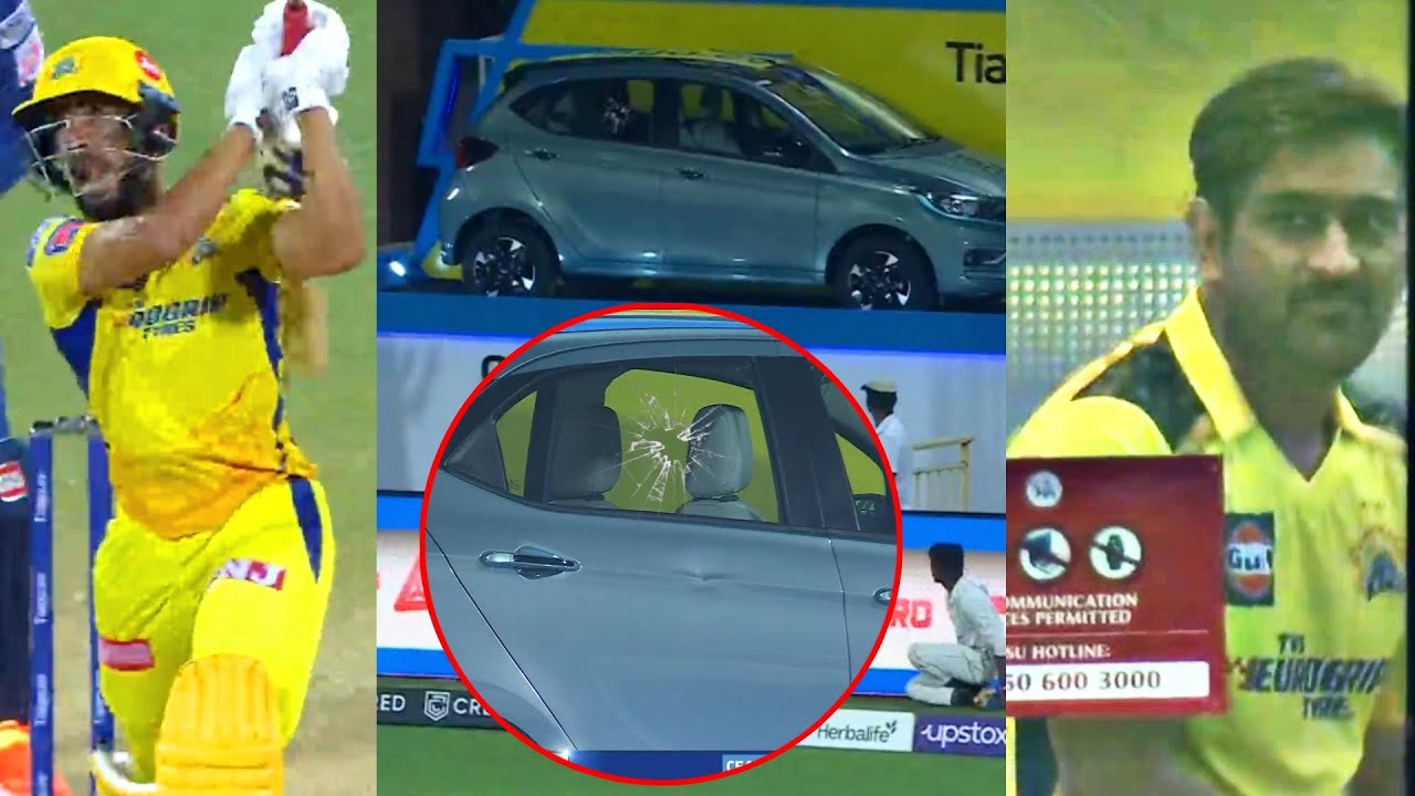 MS Dhoni smiling when Ruturaj Gaikwad hit six and broke Tata Tiago EV ...