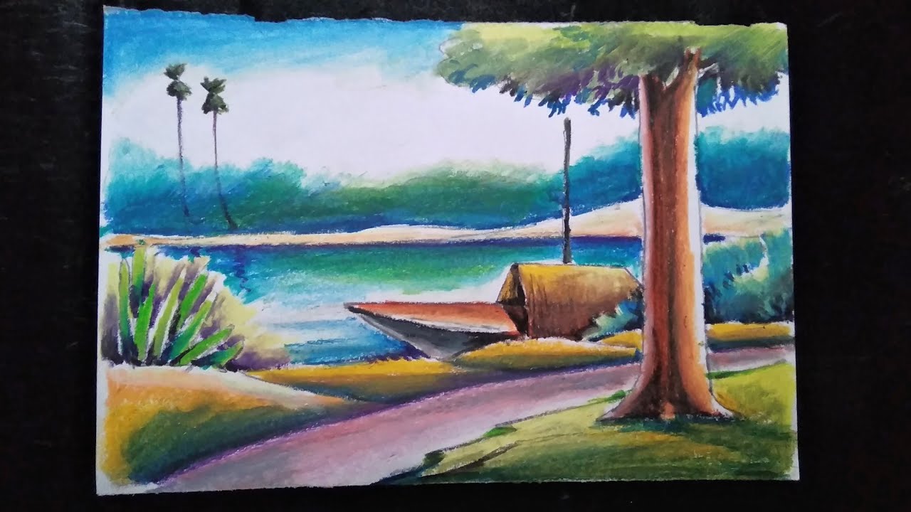 How to draw riverside scenery, step by step drawing of riverside ...