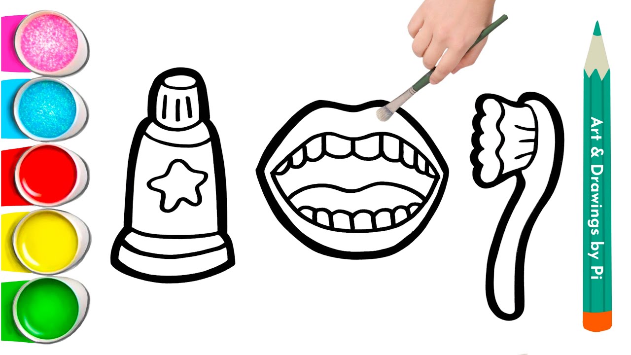 How to Draw and Color Toothbrush, Toothpaste and Teeth | Easy Drawing ...