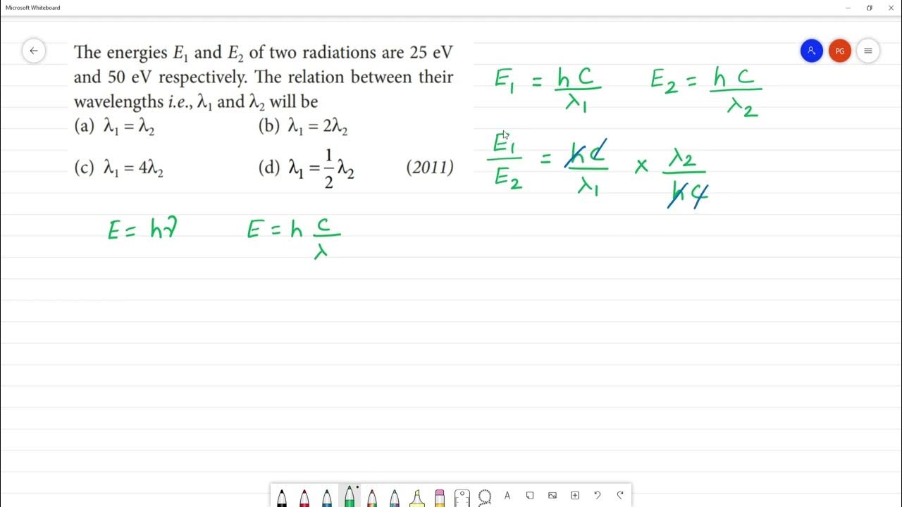 The energies E1 and E2 of two radiations are 25 eV and 50 eV ...
