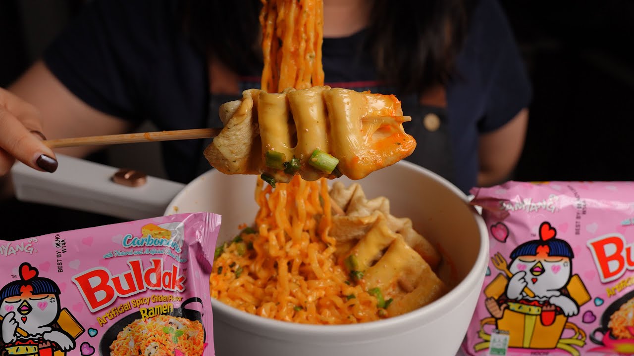 Making Spicy Cheesy Buldak Carbonara Ramen with Fish Cake ASMR Mukbang ...