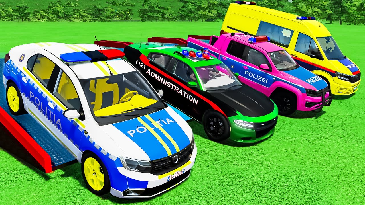 ALL POLICE CARS OF COLORS ! TRANSPORTING COLORED POLICE CARS WITH ...