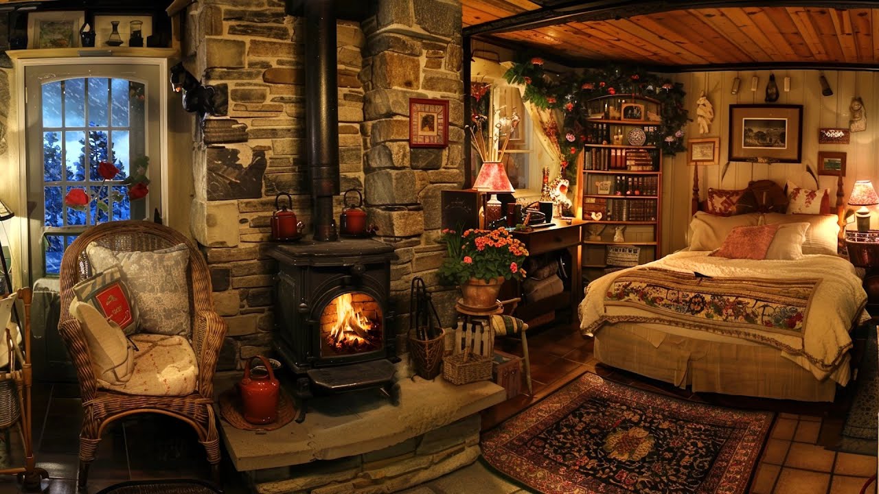 Relaxing Country Cottage in Winter | Howling Cold Wind, Burning ...