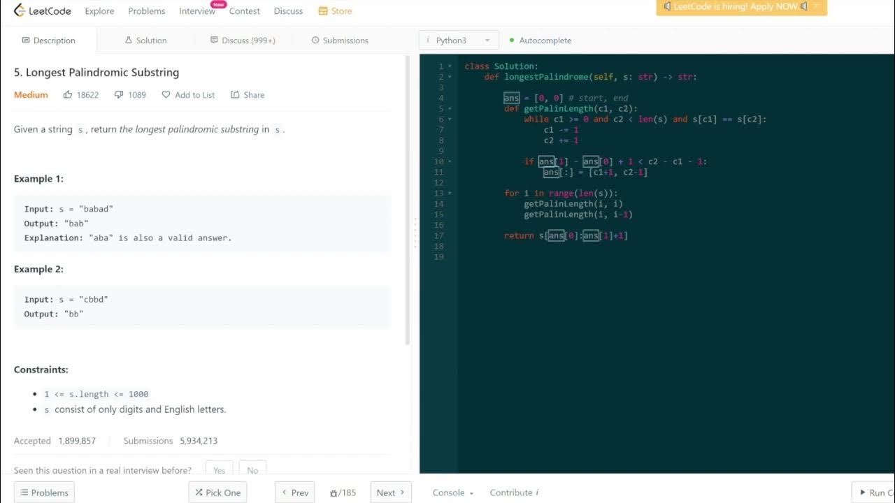 每日一題 Daily Challenge 5 Longest Palindromic Substring Youtube
