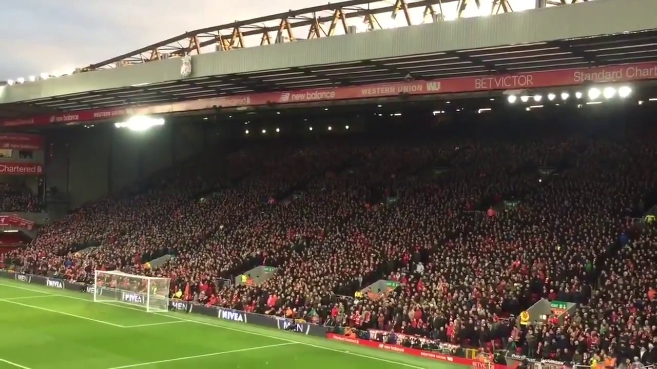 Liverpool fans at Anfield Stadium sing to Mohammed Salah After his goal ...