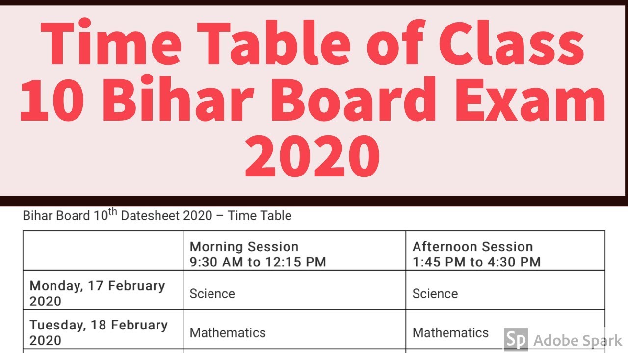 Bseb Class 10 Board Exam 2020 Time Table Bihar Board Matric 2020 Exam