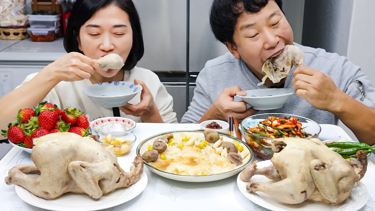 직접 만든 찹쌀 누룽지를 넣은 닭백숙, 쪽파겉절이 nurungji baeksuk,Fresh Kimchi MUKBANG ...