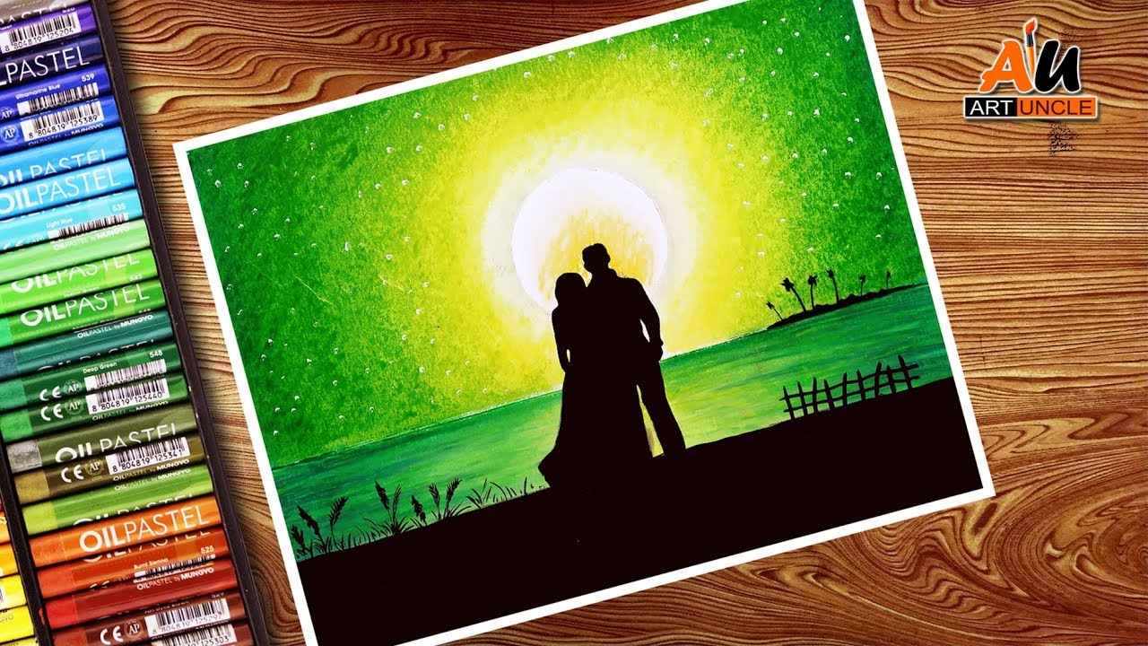 Romantic Couple scenery drawing for beginners with Oil Pastels - step ...
