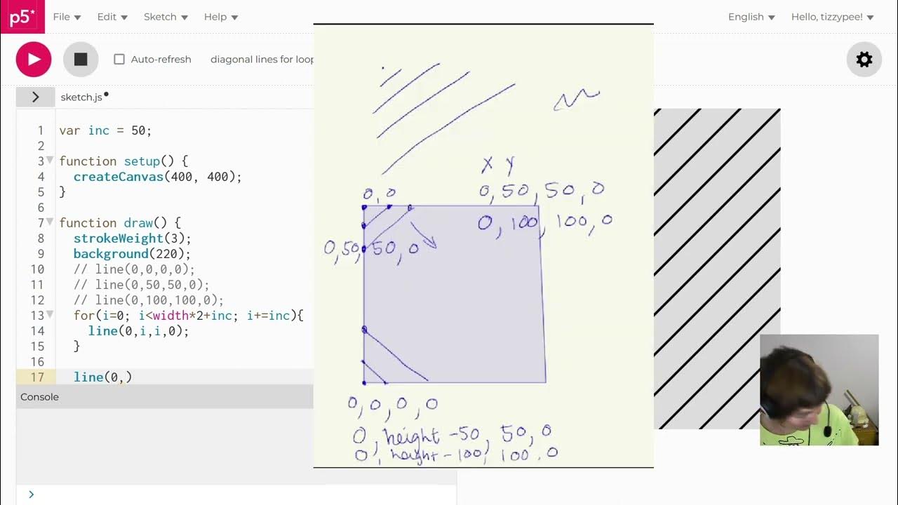 p5js, drawing diagonal lines - YouTube