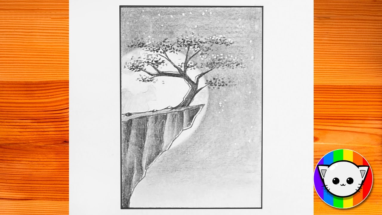 Scenery drawing || How to draw a tree on a cliff || Easy drawing with ...