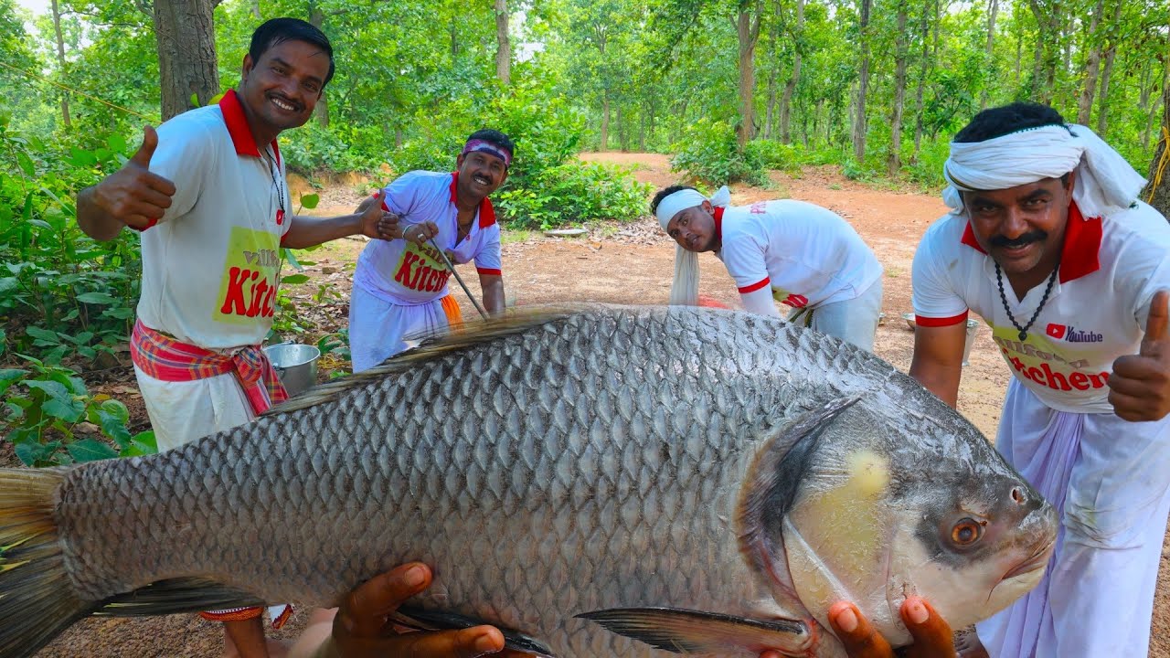 Special Big Katla Fish masala curry and Daal cooking for village people ...