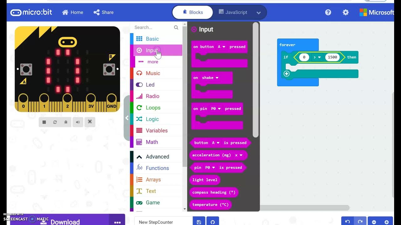 Step Counter MicroBit - using acceleration - YouTube