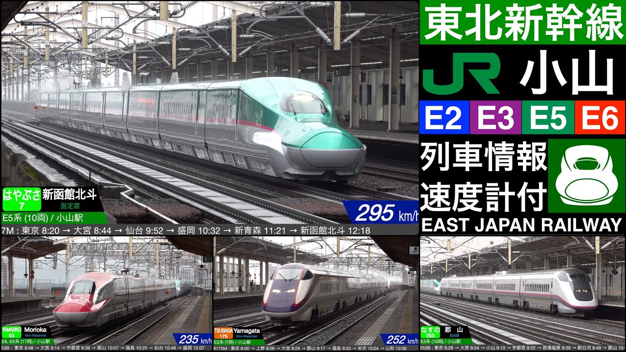 東北新幹線 小山駅 高速通過, 発車, 到着集 / E5, E6, E3, E2系 [列車情報, 速度計付] - YouTube