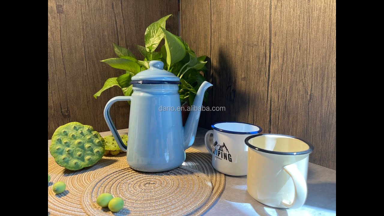 Black Rim Enamel Coffee Pot: White & light Blue Tea Kettle for Stove ...