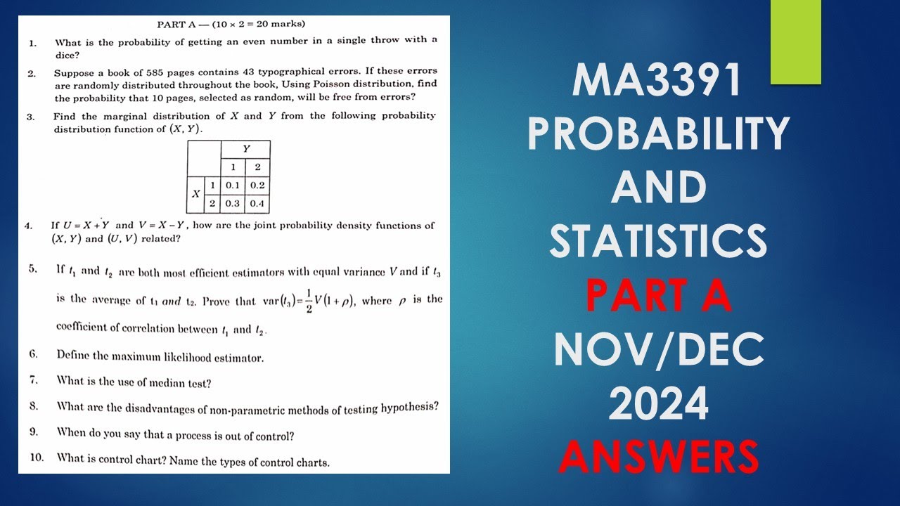 MA3391/PROBABILITY AND STATISTICS/PART A/NOV/DEC 2024/ANSWERS - YouTube