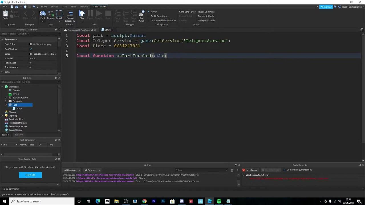 How to teleport player when you touch a part ROBLOX Studio - YouTube