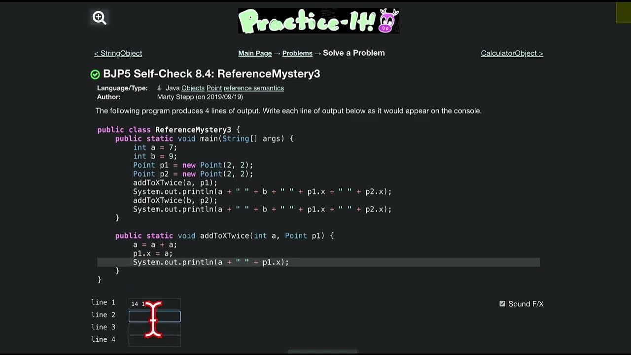 Java Practice It | Self-Check 8.4: ReferenceMystery3 | objects, points, reference, sentamantic ...