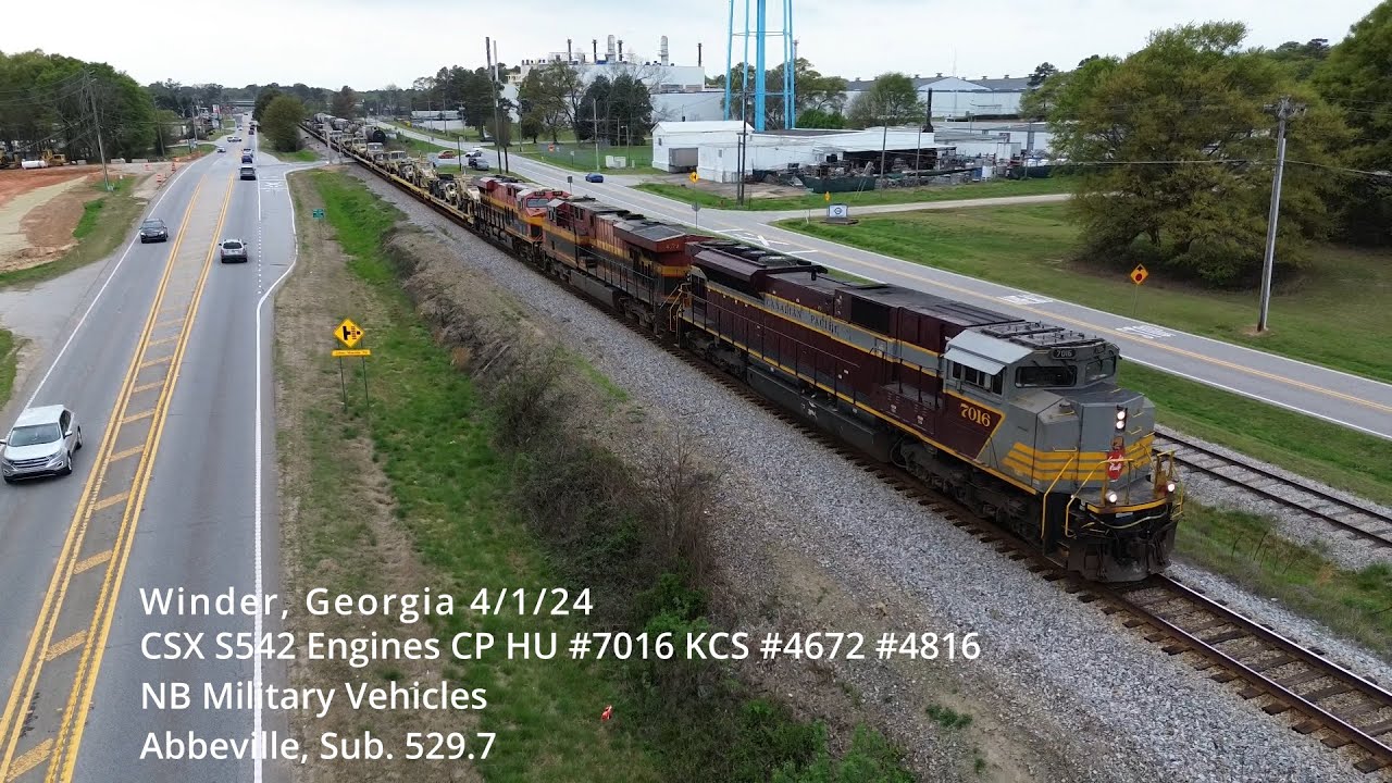 CSX S542 Engines CP HU #7016 KCS #4672 #4816 NB Military Vehicles Winder, Georgia 4/1/24 - YouTube