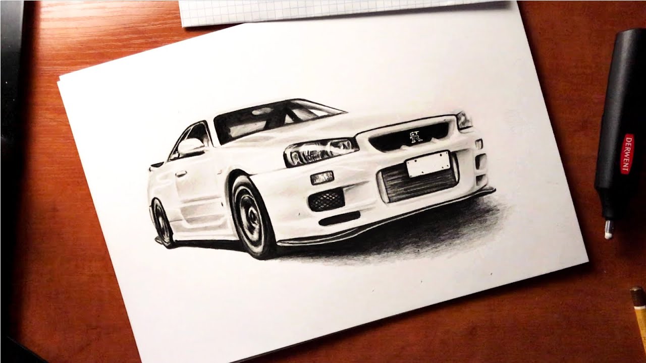 How to Draw a Realistic Car - drawing car tutorial Nissan GTR - YouTube