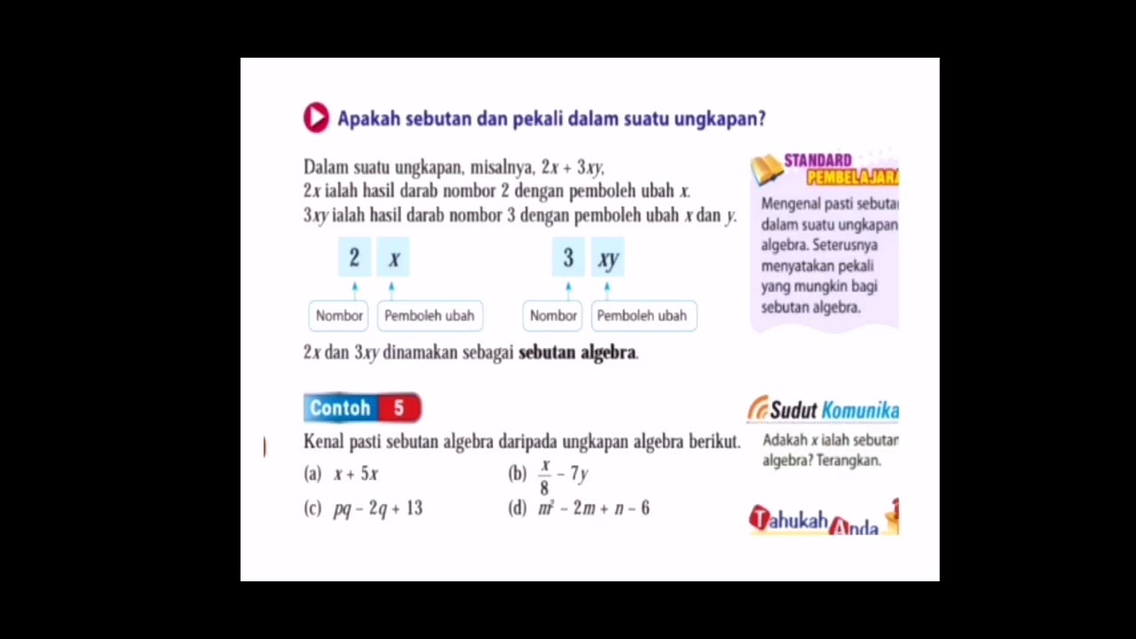 BAB 5 :MENENTUKAN SEBUTAN ALGEBRA DLM UNGKAPAN ALGEBRA MATEMATIK ...