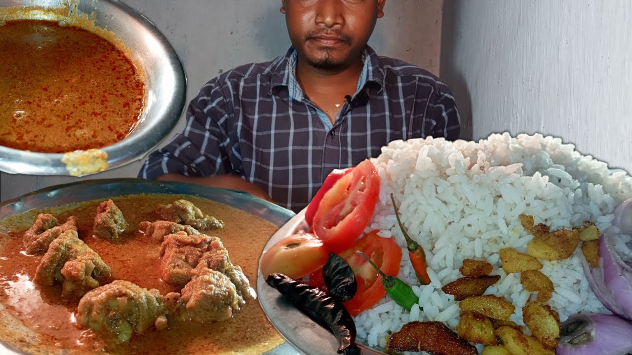 Eating Chicken Curry With Extra Gravy and Rice with aloo bhujiya ...