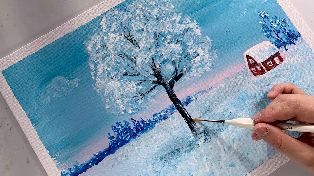 Easy Winter Tree Painting Tutorial, Red barn winter scene painting ...