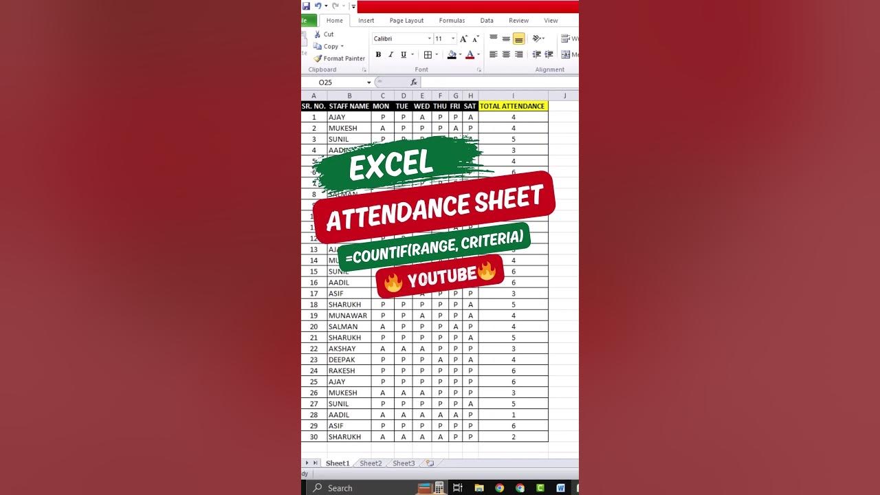 Attendance Count Formula in Excel | Countif Formula in Excel | | #short | Excel Attendance Sheet ...