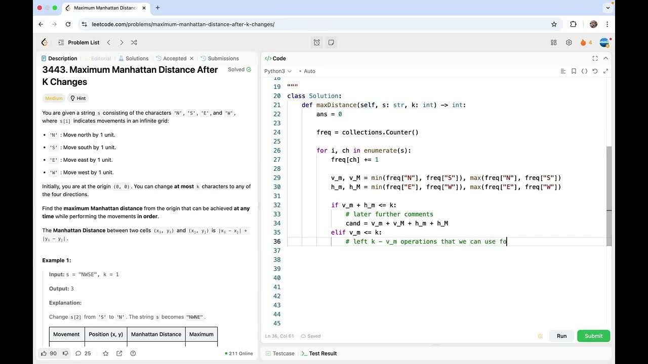 leetcode 3443 Maximum Manhattan Distance After K Changes | count freq and do arrangements - YouTube