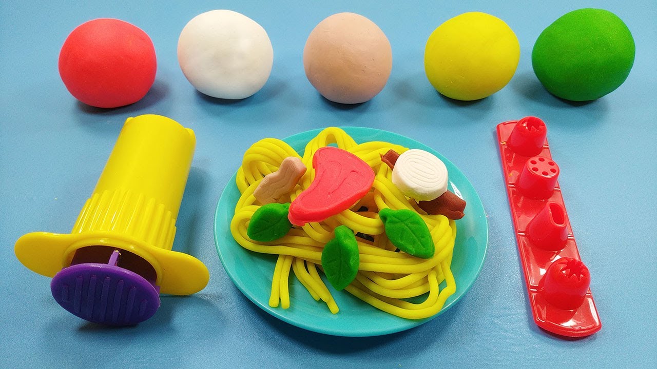 Toy Spaghetti with toy food from modeling clay. Pasta toy. - YouTube