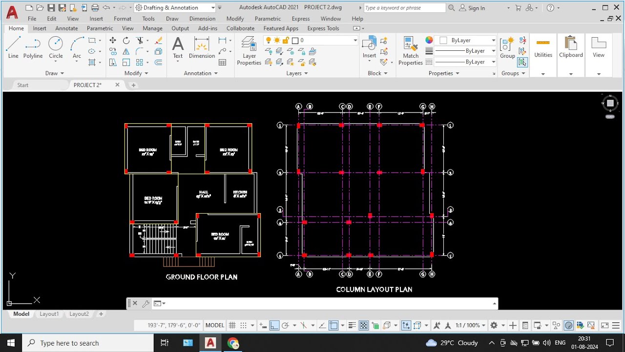 How to Draw Column Layout Plan in AutoCAD | 4BHK House Column Layout ...