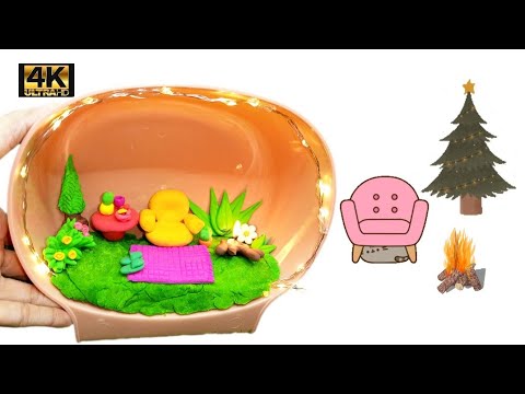 Diy how to make polymer clay miniture chair,mat,tree,table,flowers ...