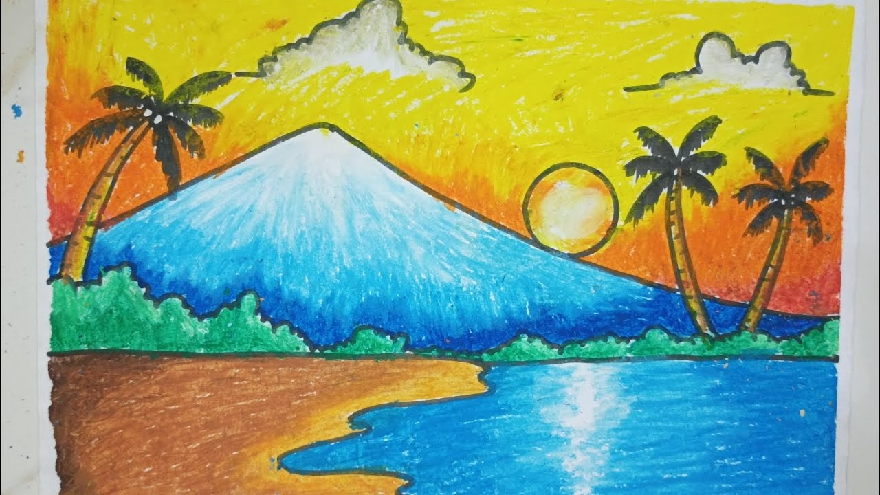 Menggambar Pemandangan Pantai di Sore Hari | how to draw a beach scene ...