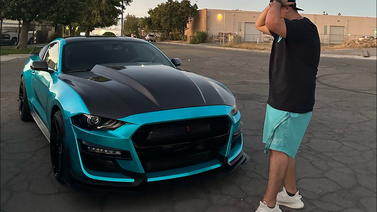 First Drive in my Bagged and Boosted Mustang // NEW Wrap Reveal - YouTube