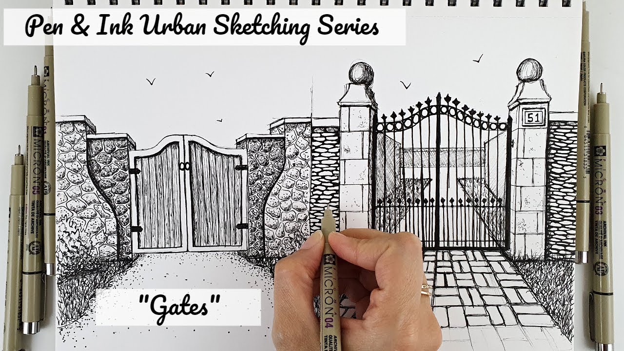 Pen & Ink Urban Sketching Series | Gates | Timelapse - YouTube