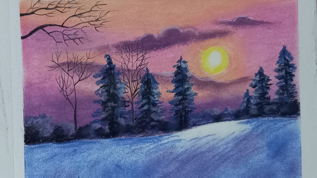 Beautiful winter season scenery drawing with soft pastel/Easy winter ...