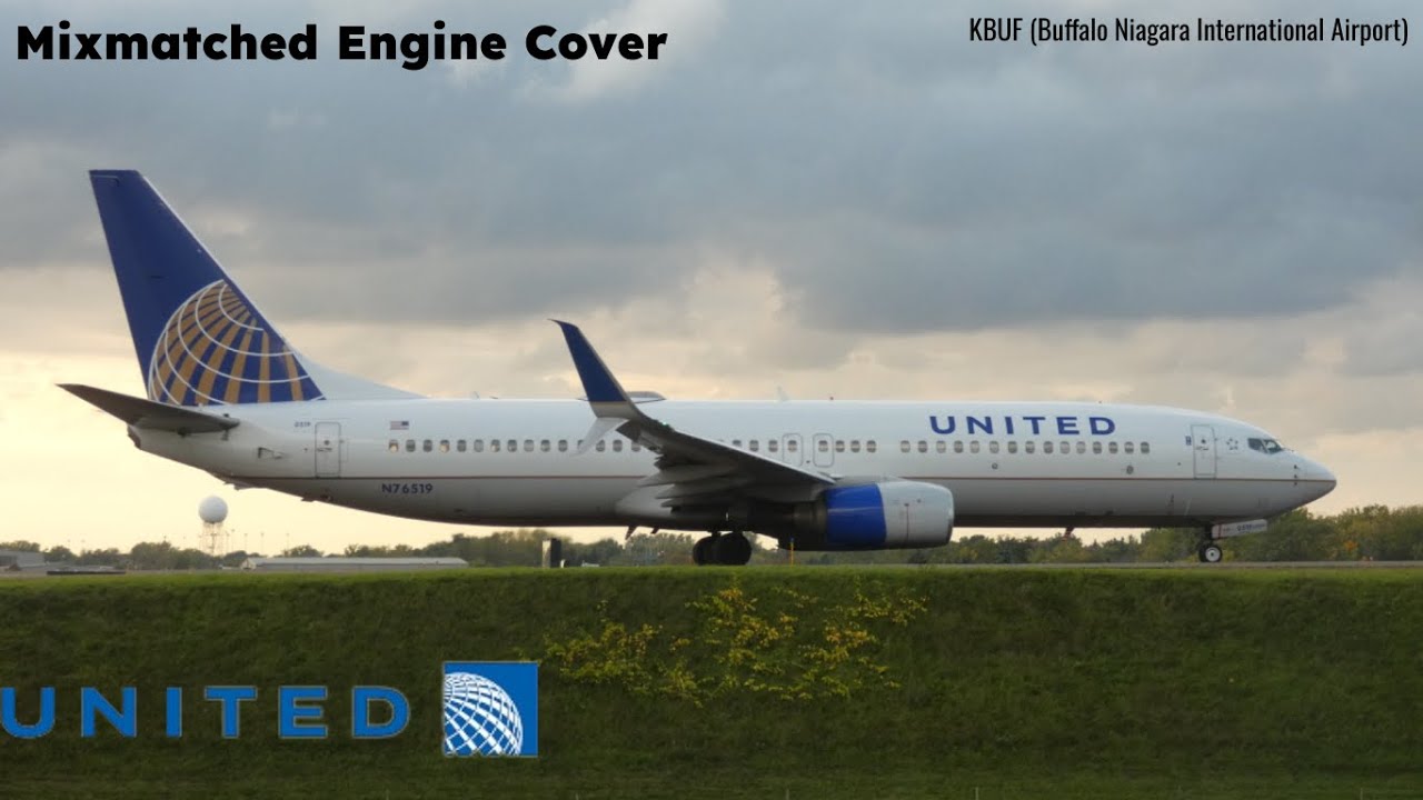 United Boeing 737-800 N76519 takeoff from KBUF *MIXMATCHED ENGINE COVER ...