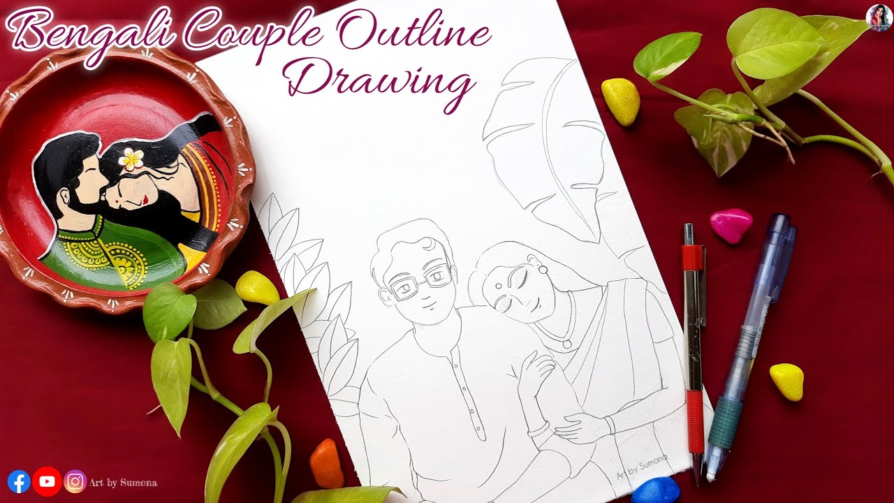 Bengali Couple Outline Drawing| Bengali love couple drawing ...
