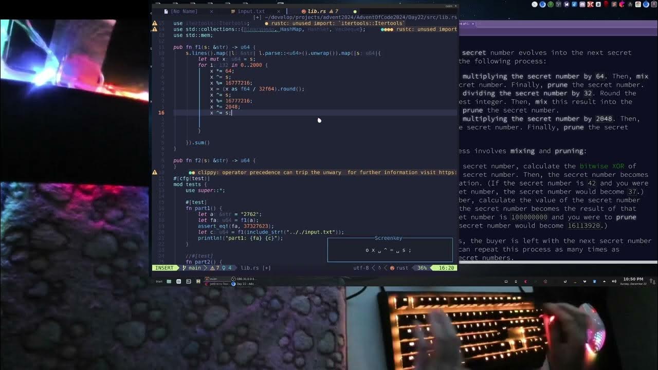 AdventOfCode2024 Day22 | Rust | nvim - YouTube