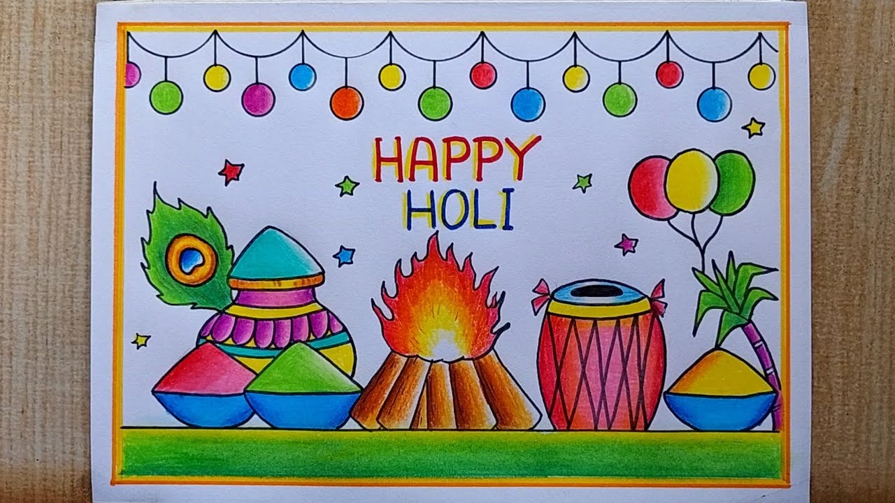 Holi drawing easy| Happy Holi poster drawing| Holi festival drawing ...