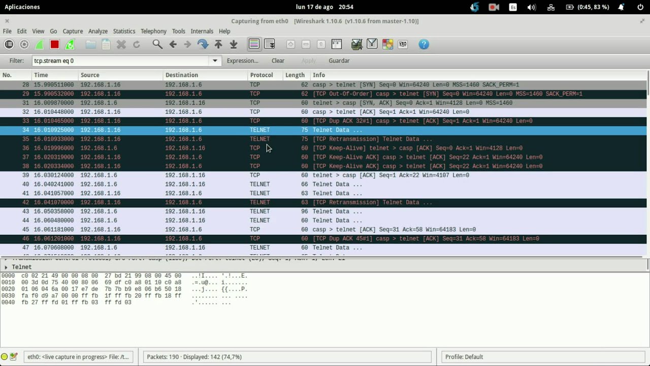 Analisi de trafico mediante Wireshark en protocolo TELNET - YouTube