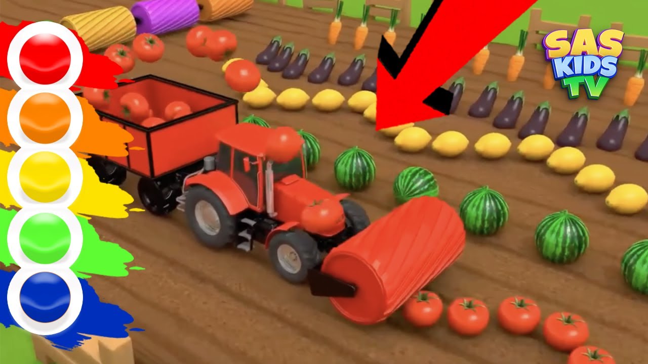 Learn colours food using vegetables and farming trucks | 123 | A for ...