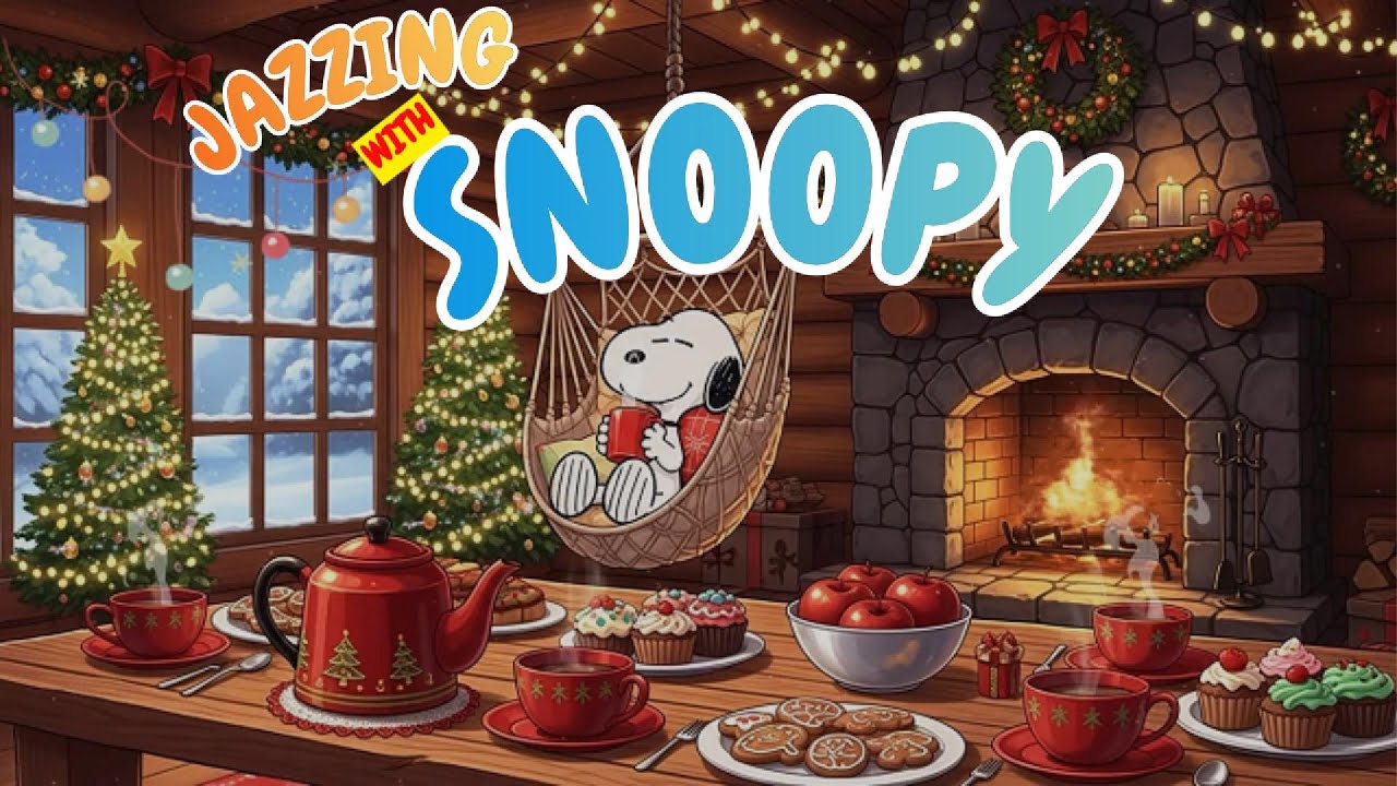 Cozy Christmas Cabin with Snoopy 🎅 Warm Fireplace, Holiday Jazz ...