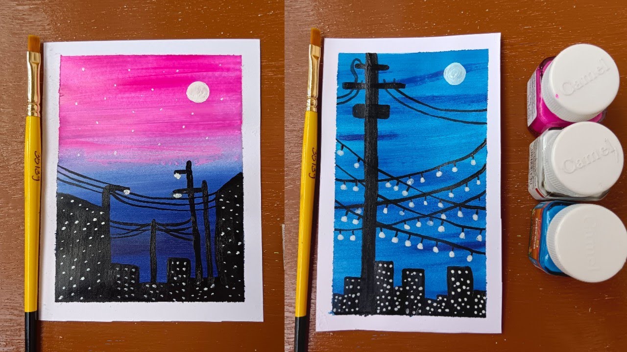 2 very easy night painting with acrylic colours/ step by step tutorial ...