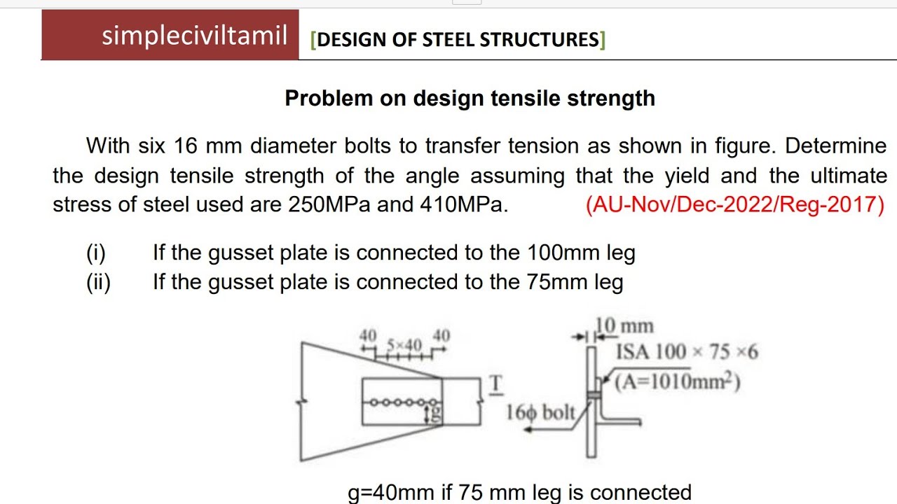 Design strength of tension member for Single angle section - YouTube