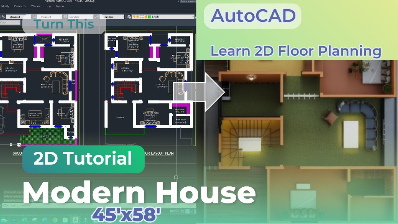 AutoCAD Tutorial 2D Floor Planning/ 45'x58' PLAN 2 - YouTube